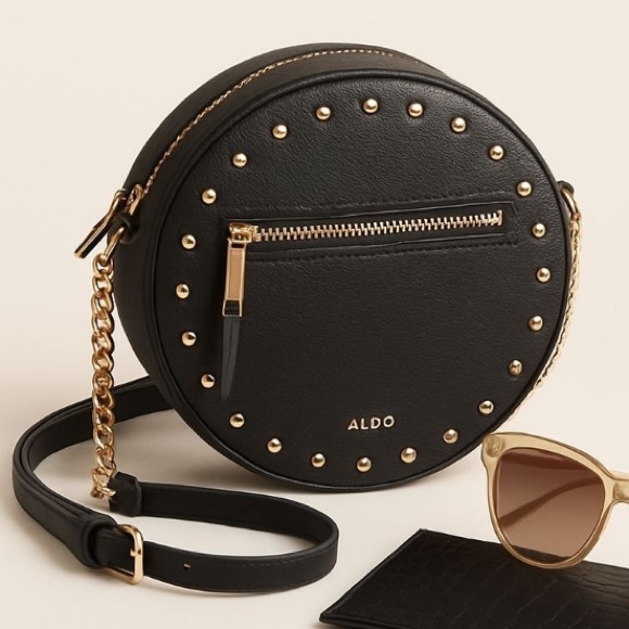 Aldo | Bags | Aldo Round Studded Crossbody Black And Gold Nwot | Poshmark